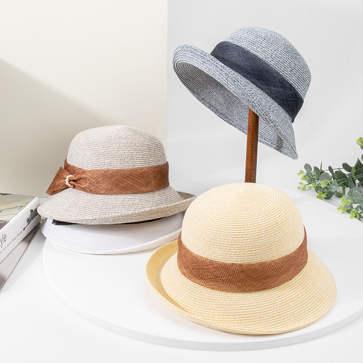 Elegant White Woven Straw Cloche Hat with Black Ribbon & Pearls for Re ...
