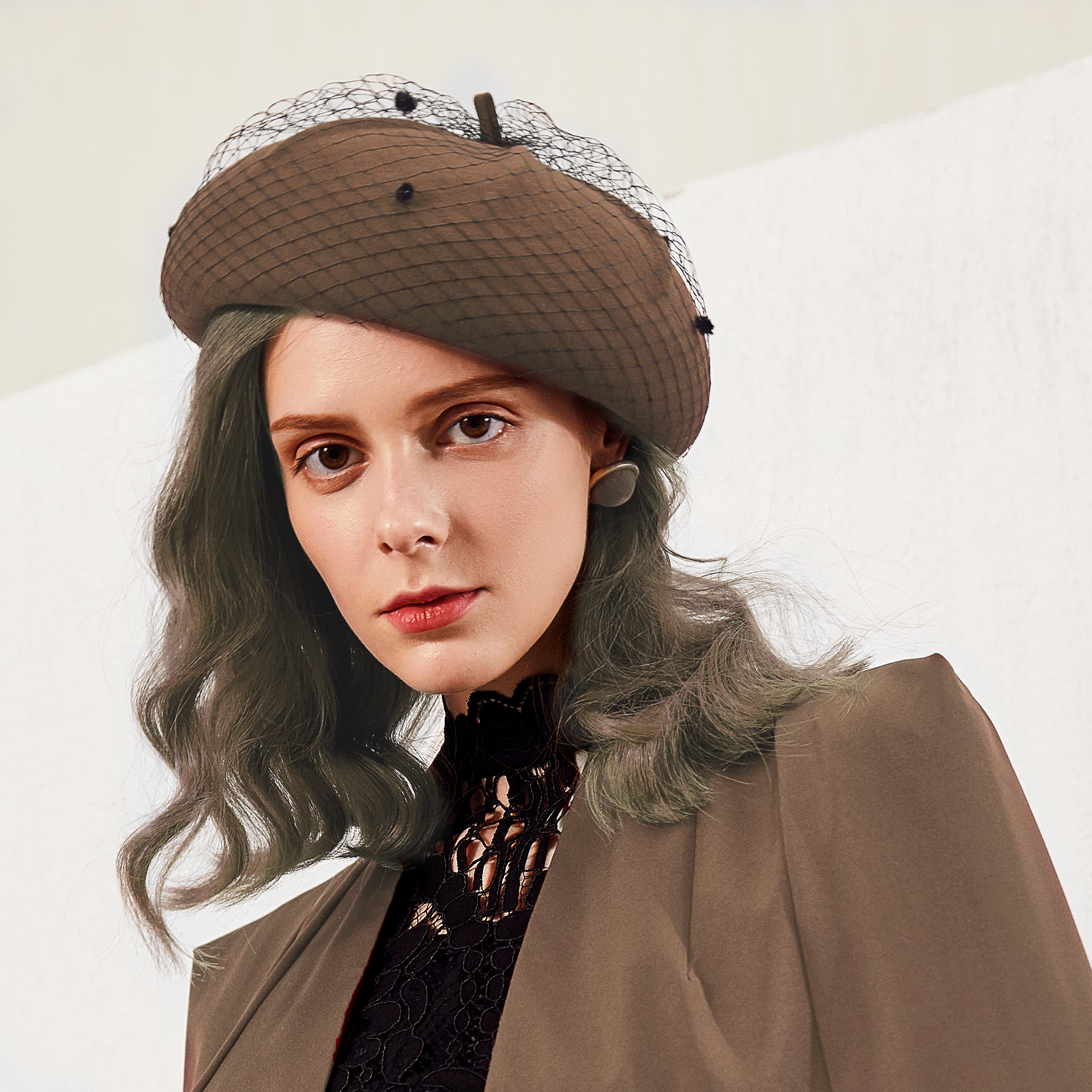 Chic White Wool Beret with Black Pearl Netting for Winter Formal & Hol ...