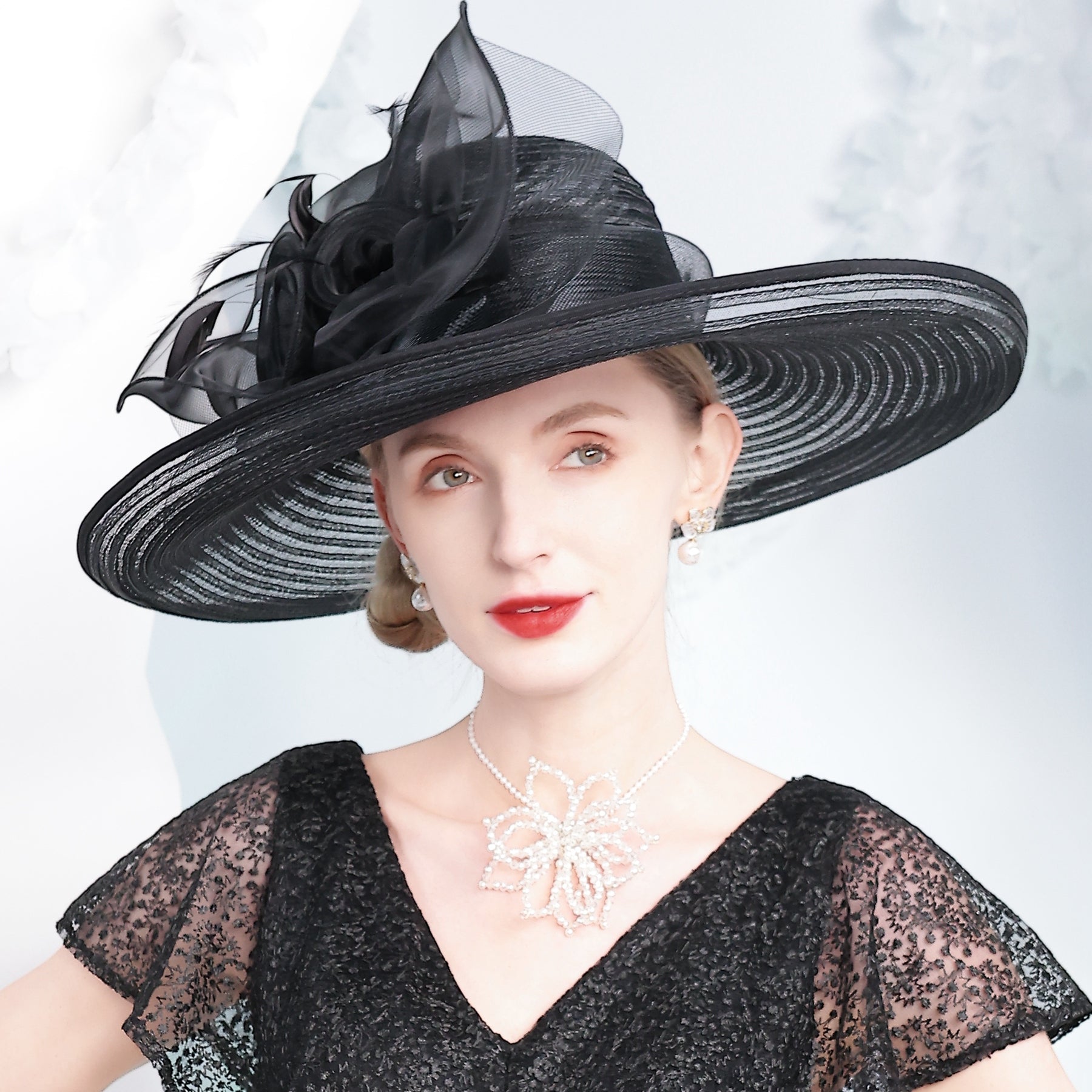Elegant Crinoline Wide Brim Hat with Mesh Flower & Feathers for Kentuc ...